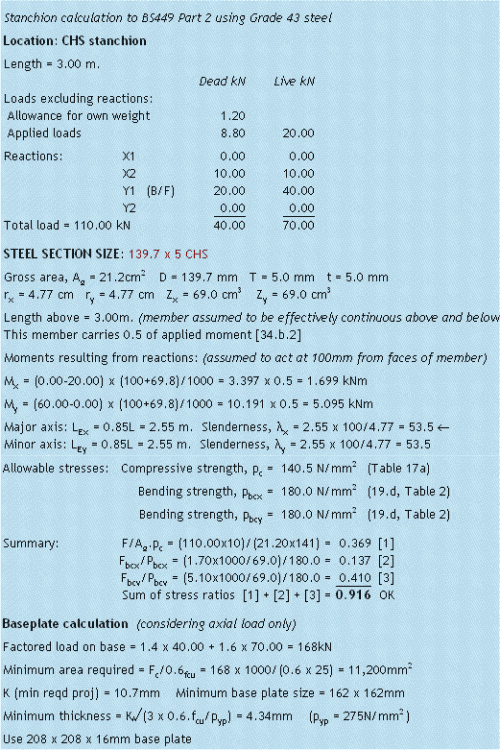 Steel column calculation to BS449 produced using SuperBeam software